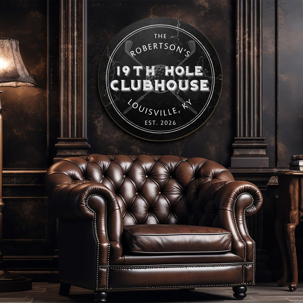 19th Hole Clubhouse Custom Golf Wall Art for Home Bar, Round Black Sig