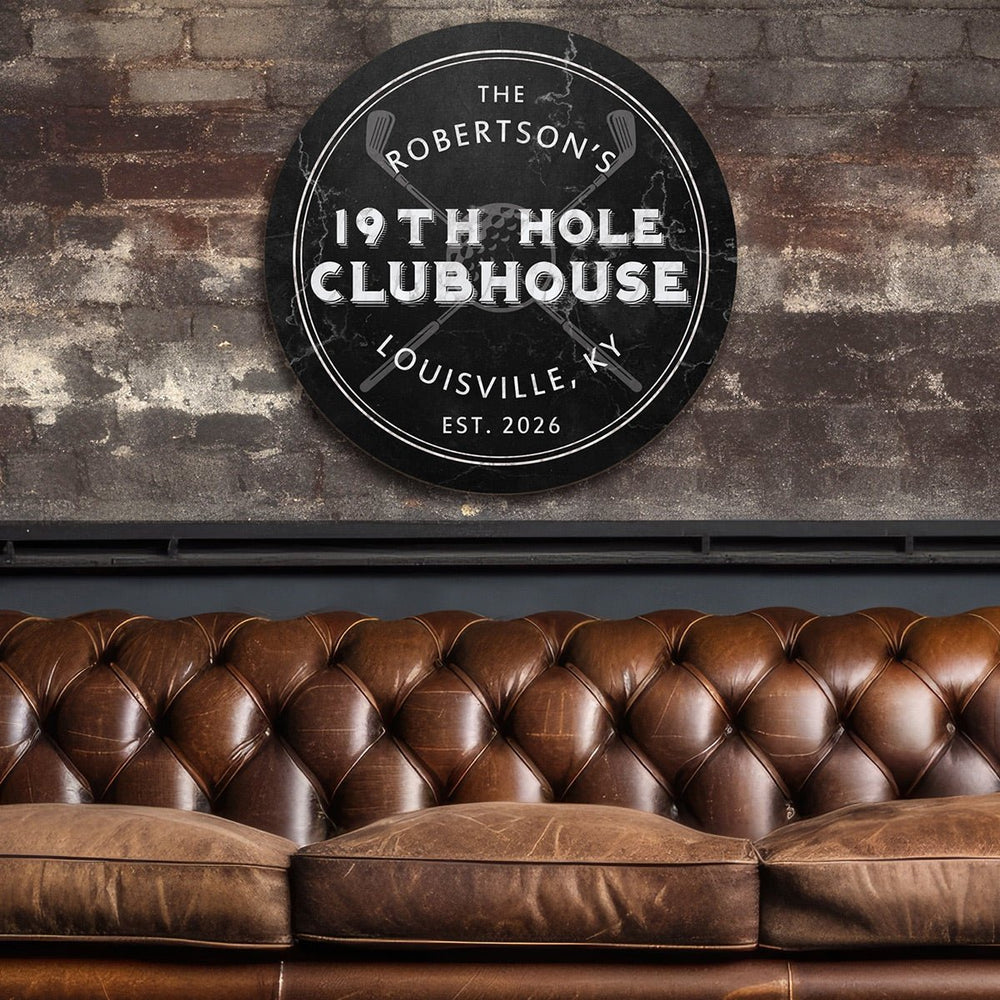 19th Hole Clubhouse Custom Golf Wall Art for Home Bar, Round Black Sig