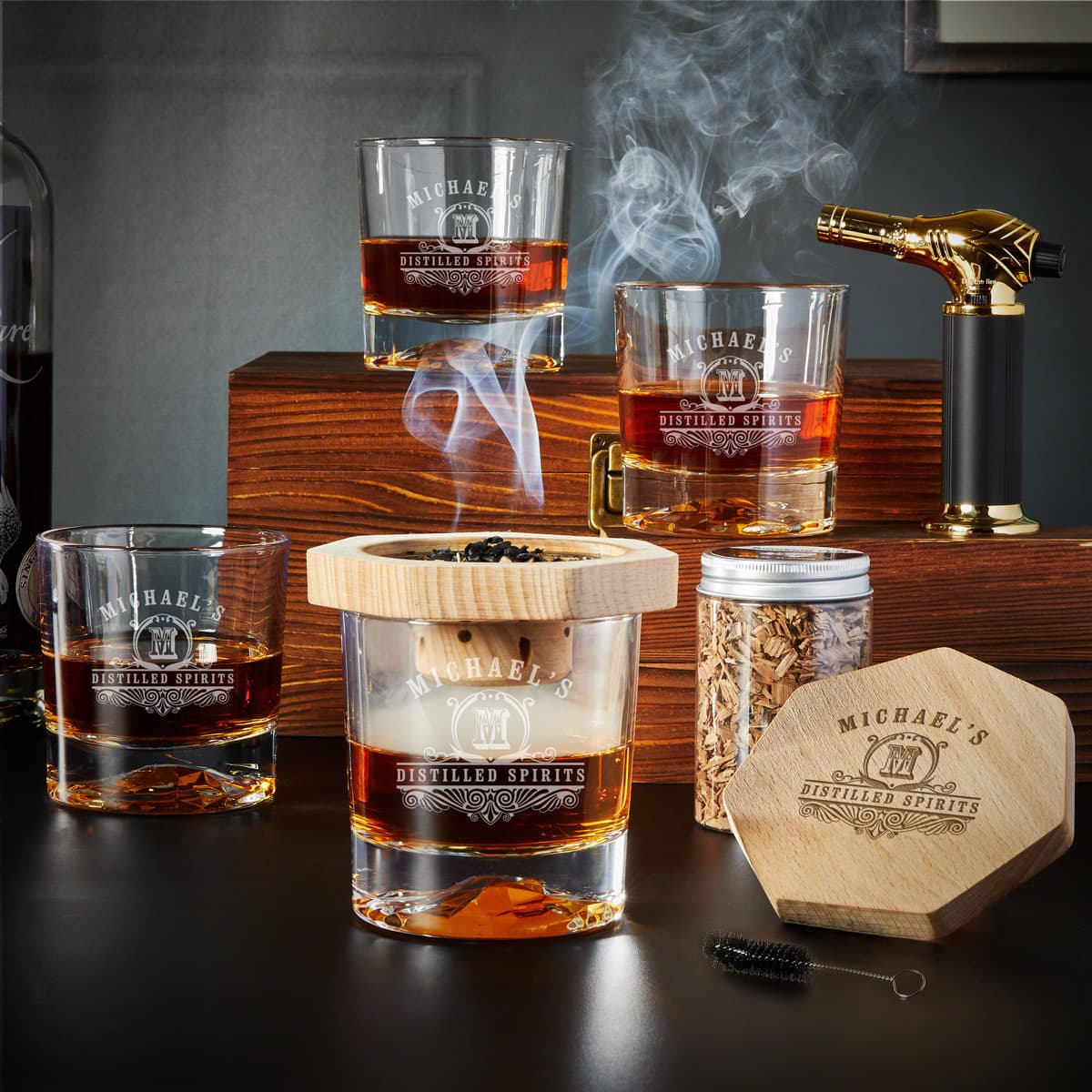 Black Diamond Personalized Whiskey Smoker Kit - 9pc Set w Glacier Glas