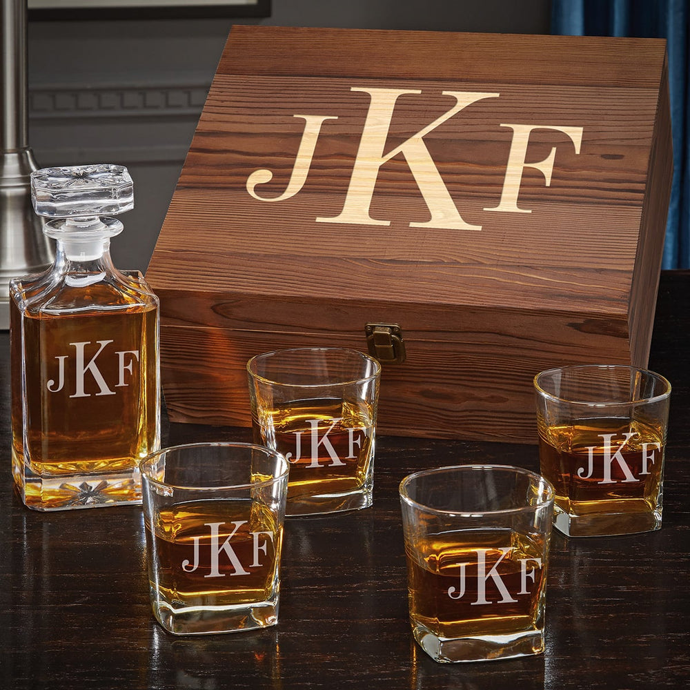 Carson Decanter Personalized Whiskey Gift Set with Square Rocks Glasse