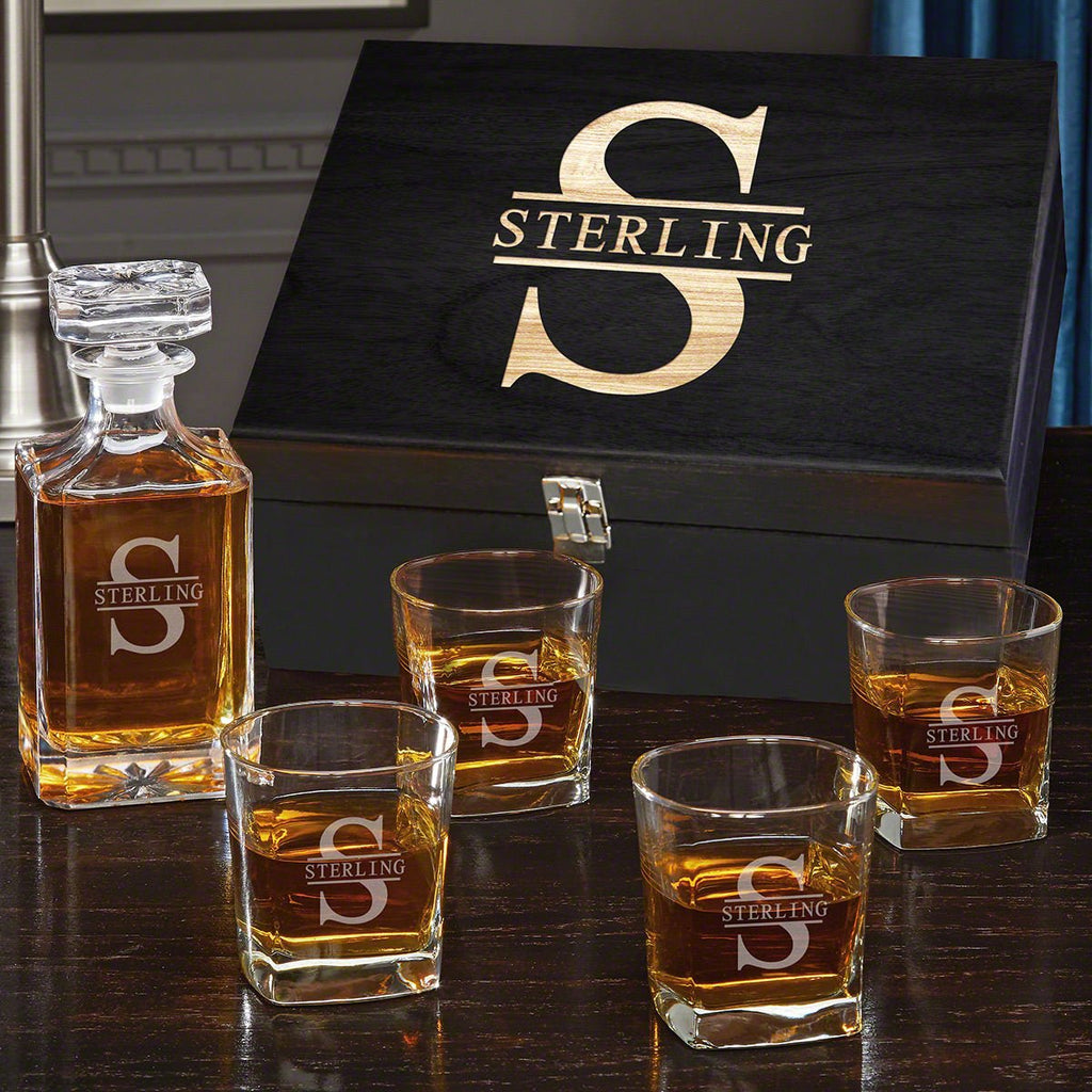 Custom Bourbon Decanter Set with 4 Square Glasses - Crafted Ebony Box ...