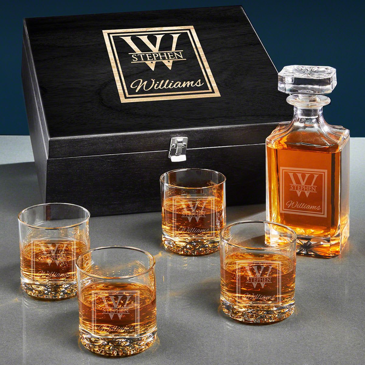 Custom Carson Crystal Whiskey Decanter Set with Glasses - Crafted Ebony ...