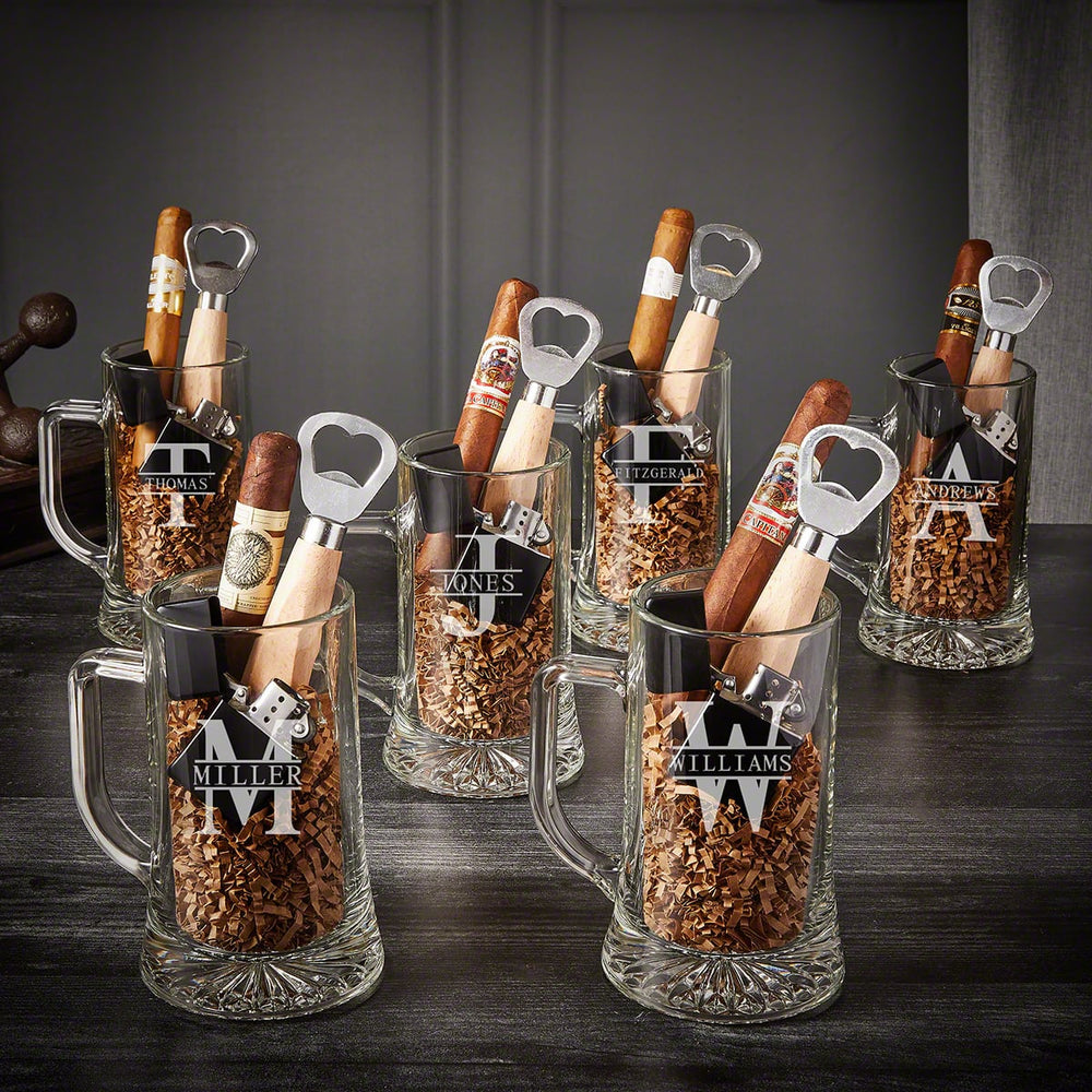 Custom Groomsmen Beer Mug Gift Ideas - Set of 6 Cigar Lighter & Beer G