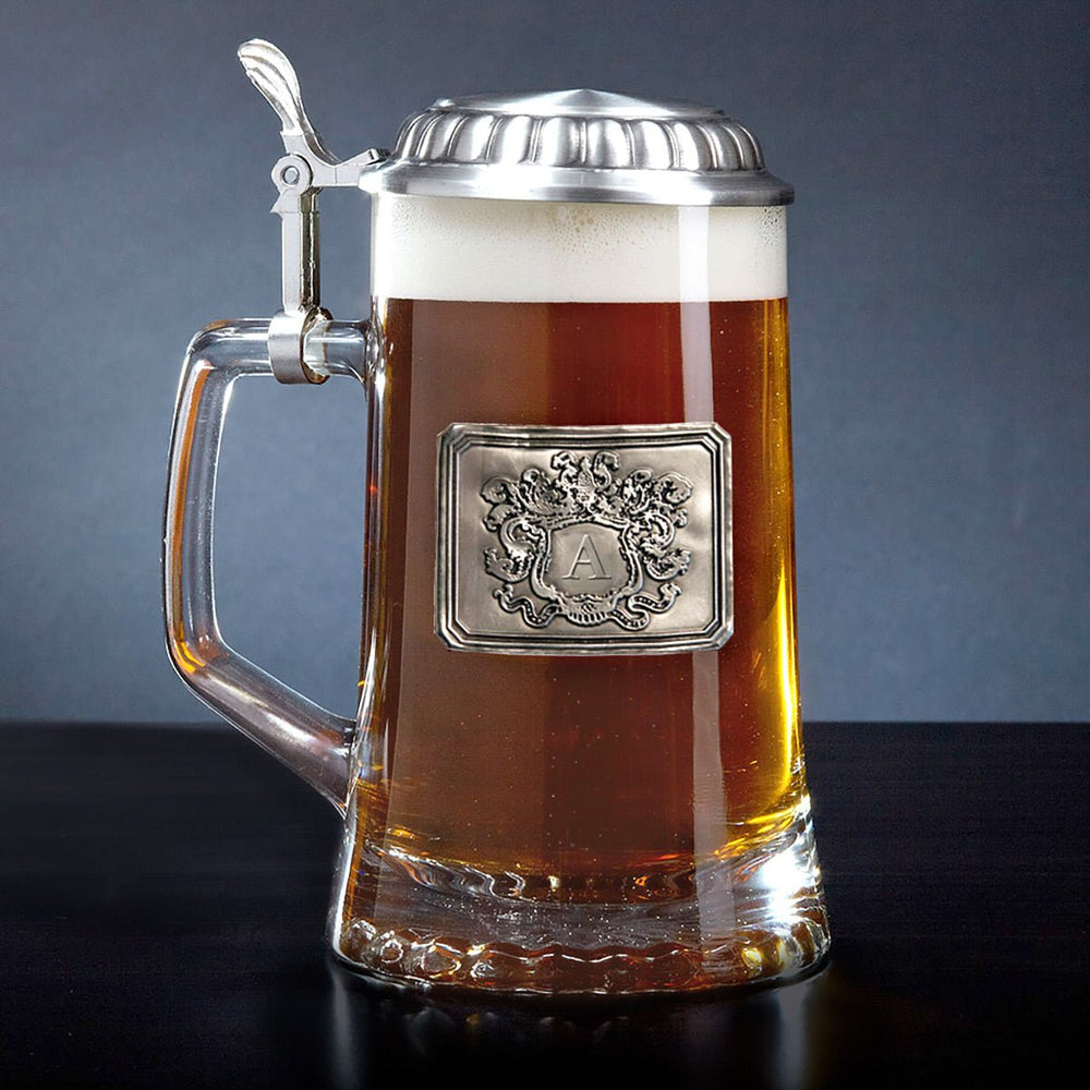 German Custom Beer Stein with Pewter Crest and Lid