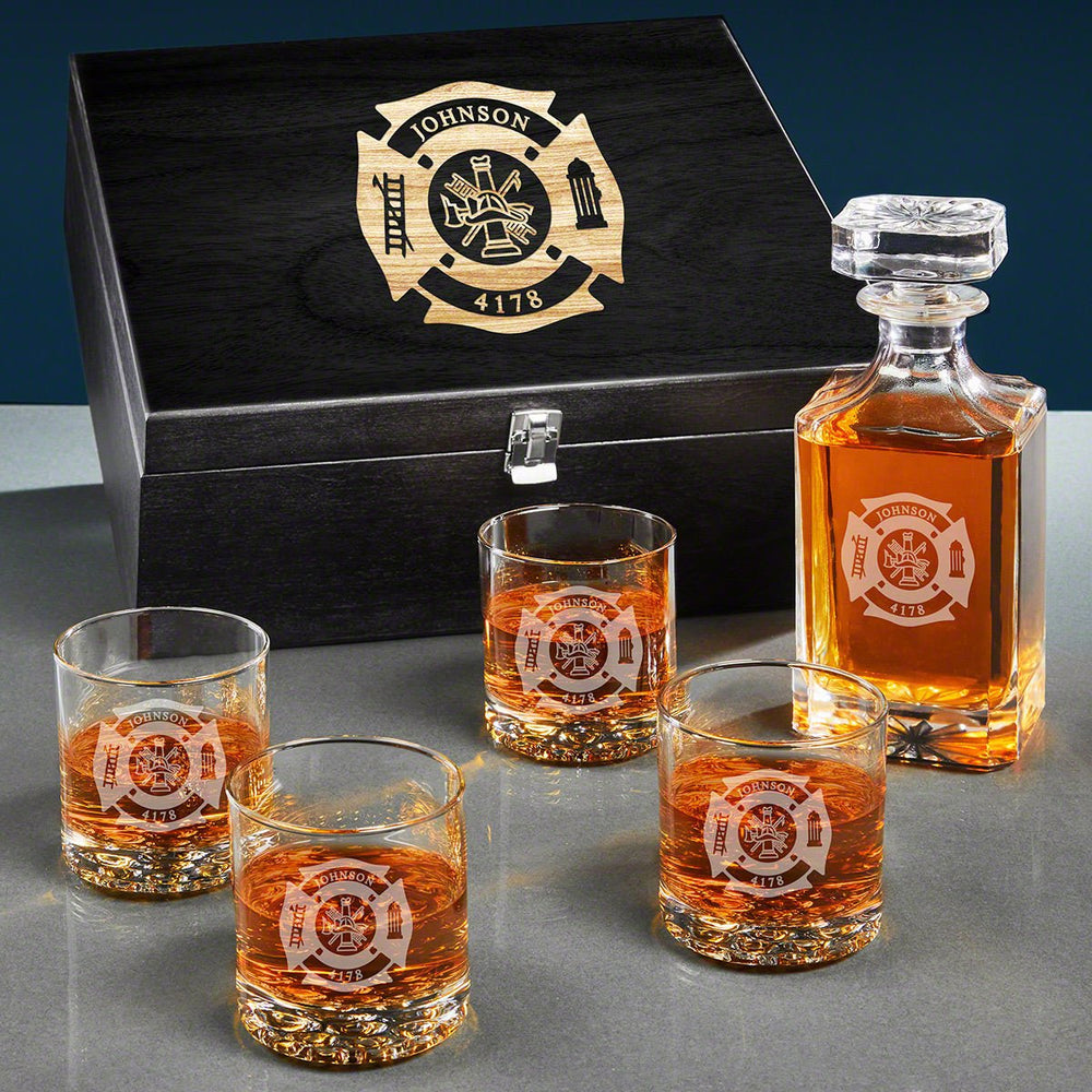 Firefighter Bourbon Decanter Set and Buckman Glasses Gift Set - Ebony