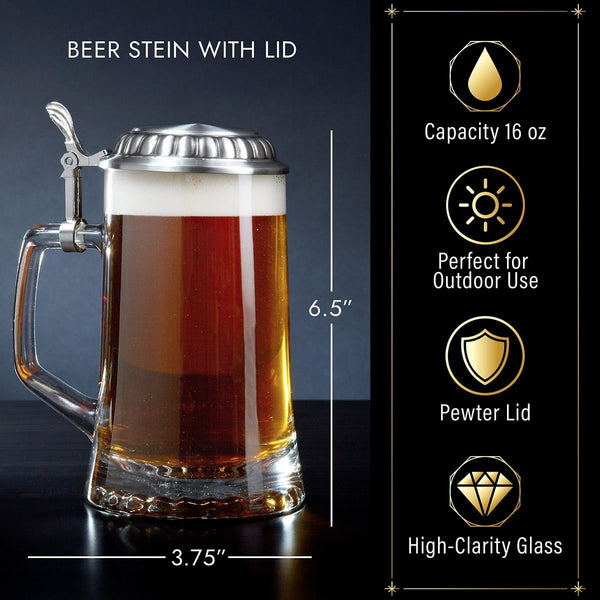 Personalized German Beer Stein with Pewter Lid, Set of 2