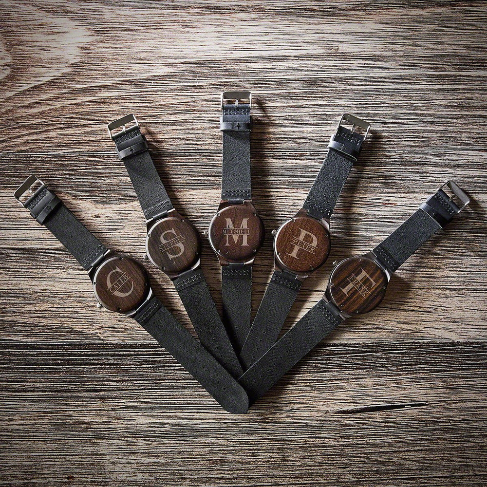 Groomsmen Watches Set of 5 Engraved Wood Watches with Leather Bands Bl