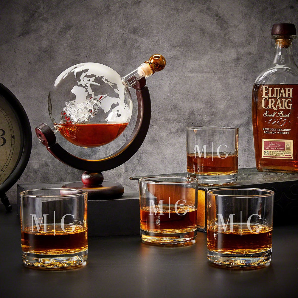 Monogrammed Whiskey Globe Decanter Set with Rocks Glasses - 5pc Quinto