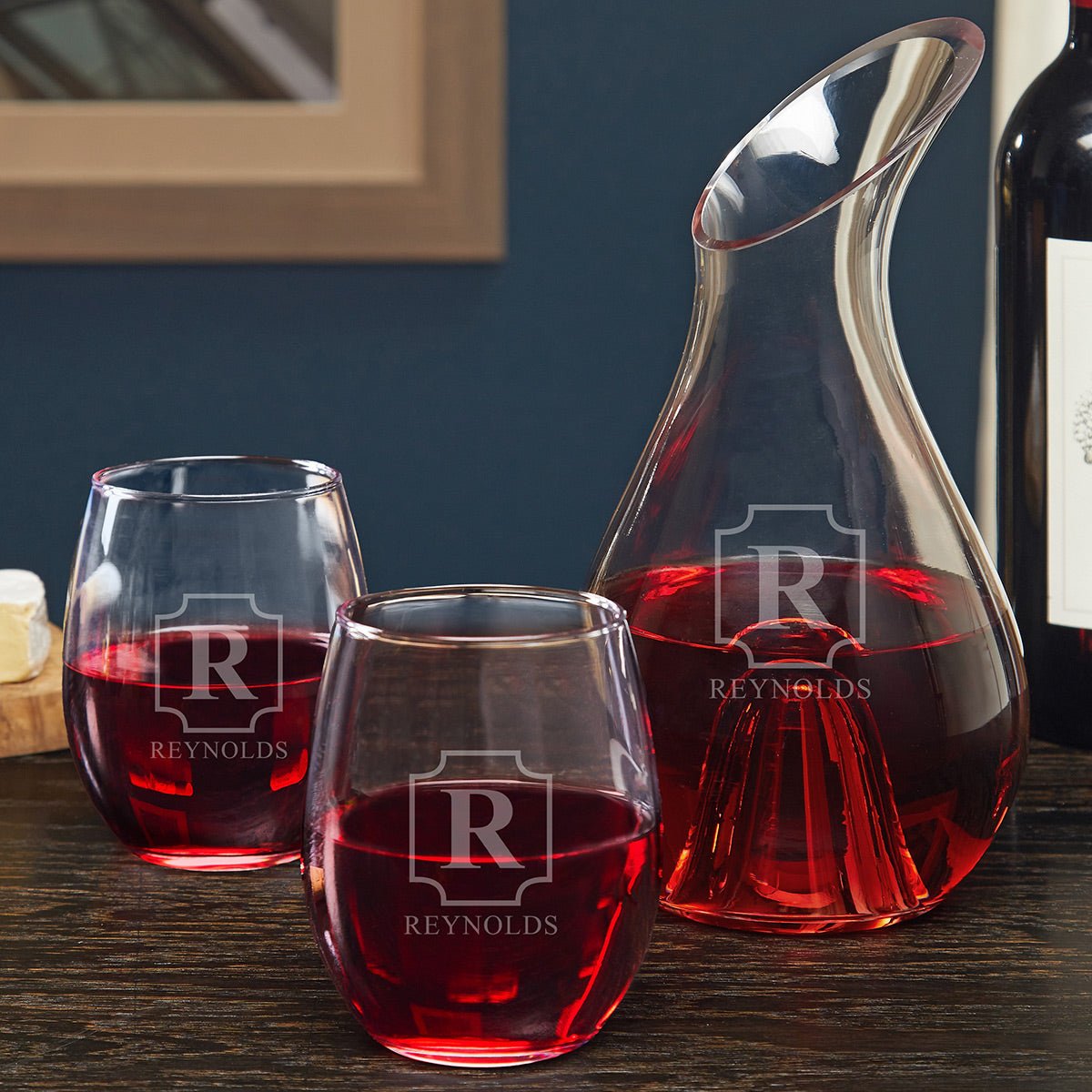 Reims Monogrammed Wine Decanter Set w Stemless Glasses