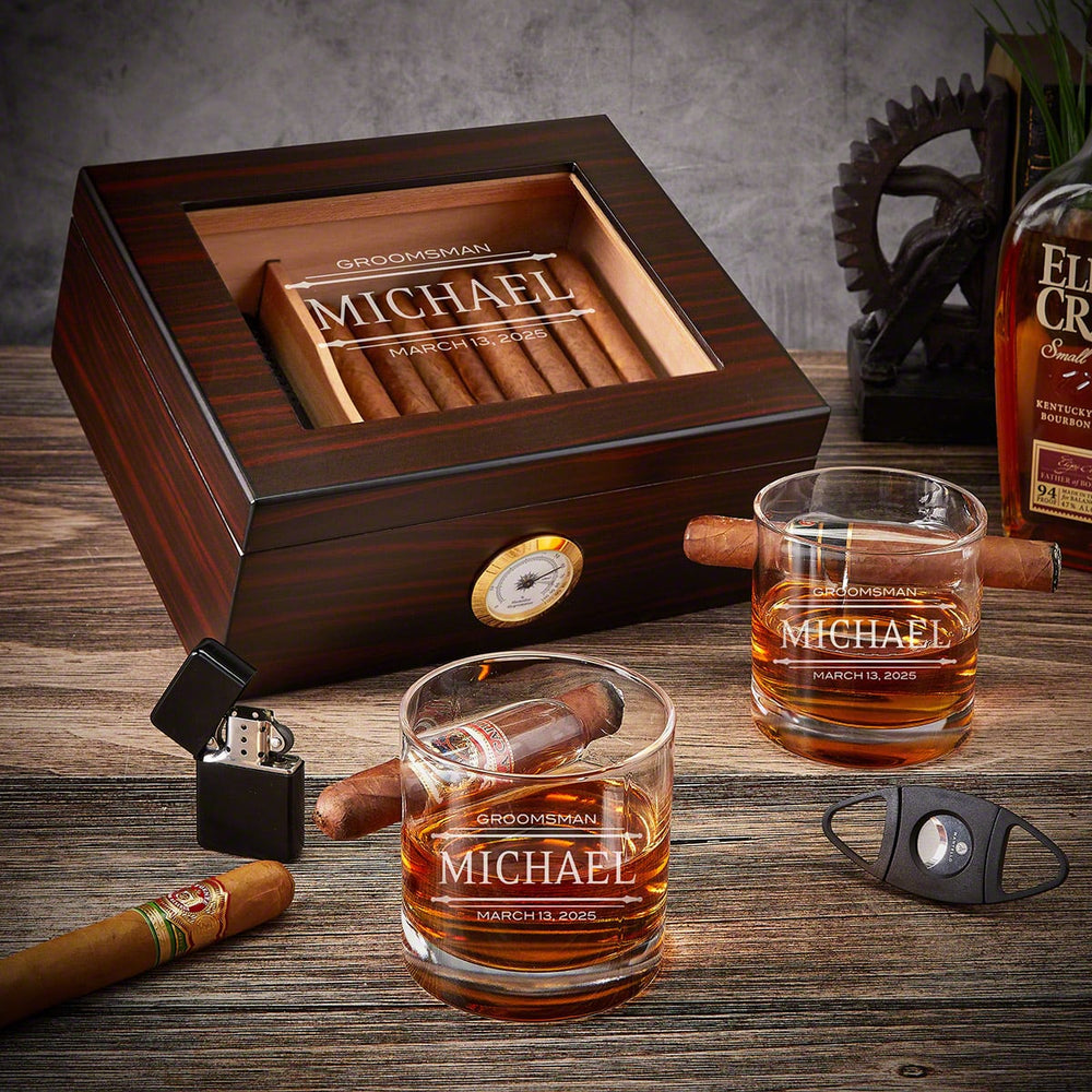 Oxley Personalized Cigar Glasses with Dante Cedar Cigar Humidor & Hygr
