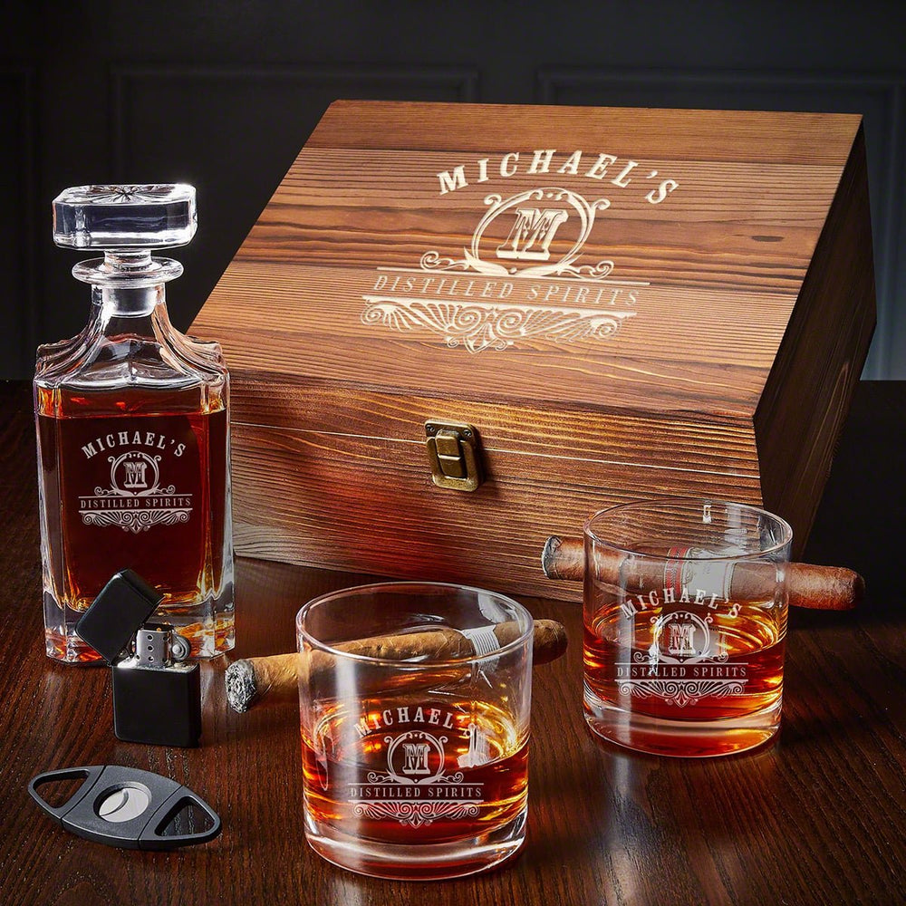 Personalized Cigar Whiskey Glass Box Set - 6pc Carraway