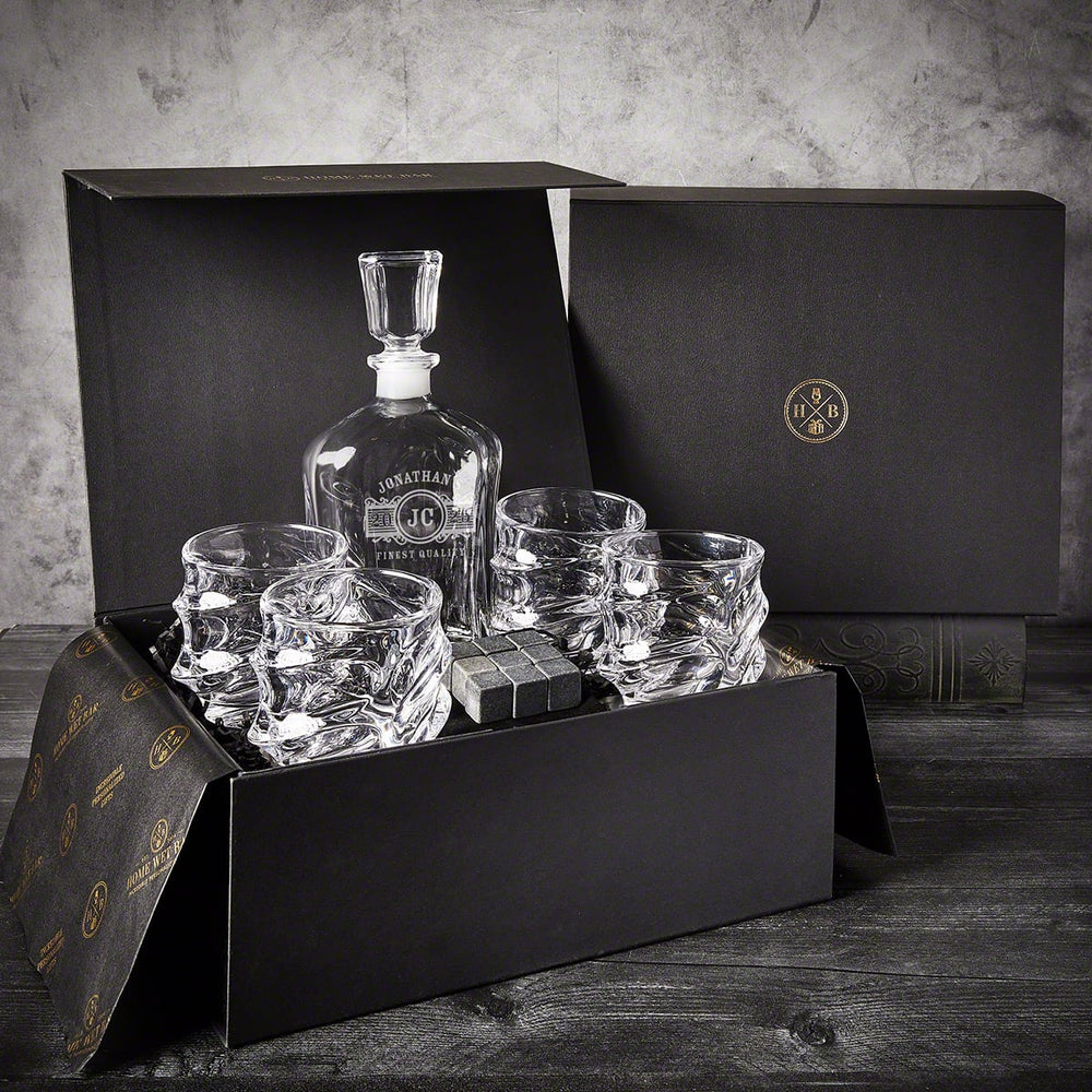 Personalized Luxury Boxed Decanter Set With Sculpted Glasses & Whiskey