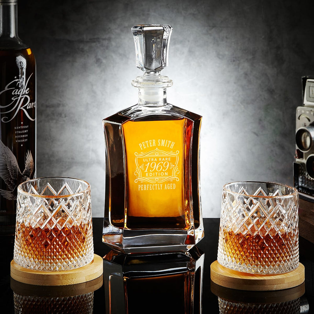 Custom Decanter Set with Rotating Whiskey Glasses