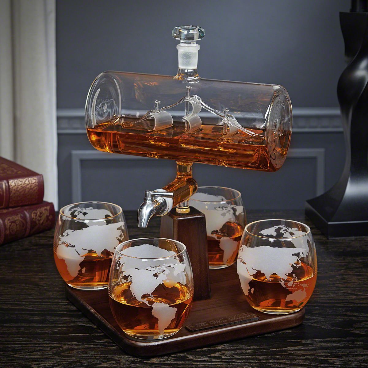 Ship in a Bottle Decanter With Two Globe Whiskey Glasses