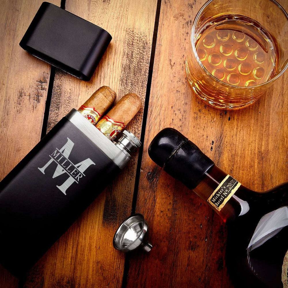 Sheffield Custom Cigar Flask, Black Cigar Holder and Whiskey Gift