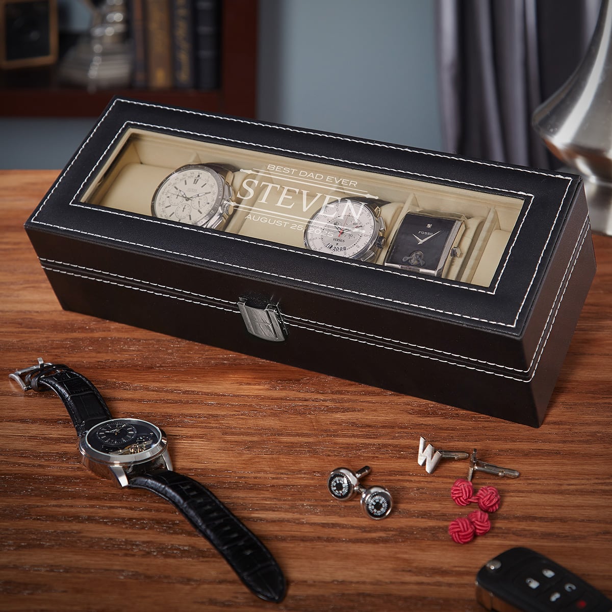 Timeless Personalized Black Leather Watch Case