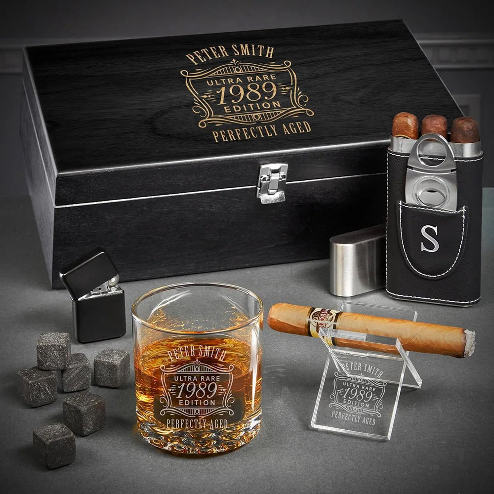 Ultra Rare Edition Custom Whiskey Glasses and Cigar Gift Set - 7pc Ebo